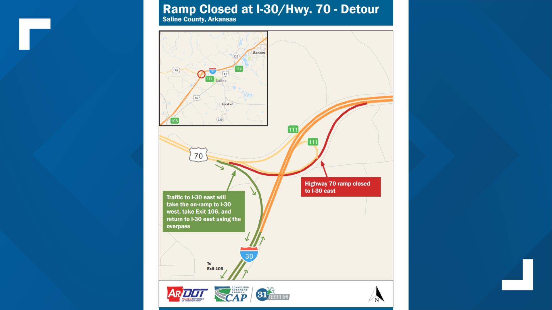 ARDOT to close Highway 70 ramp to I-30 east in Saline County, Arkansas ...