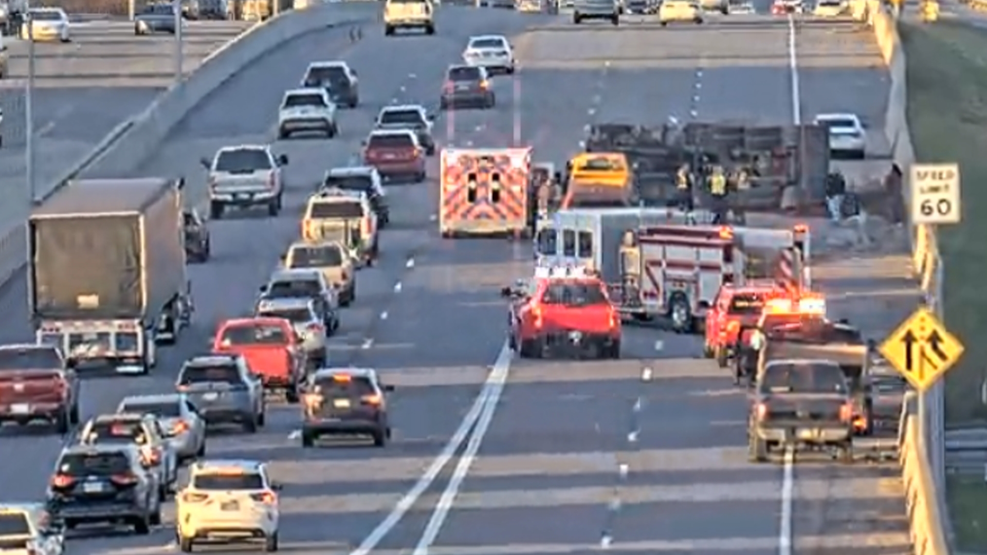 Accident involving rollover dump truck causing traffic on I-30 in North ...